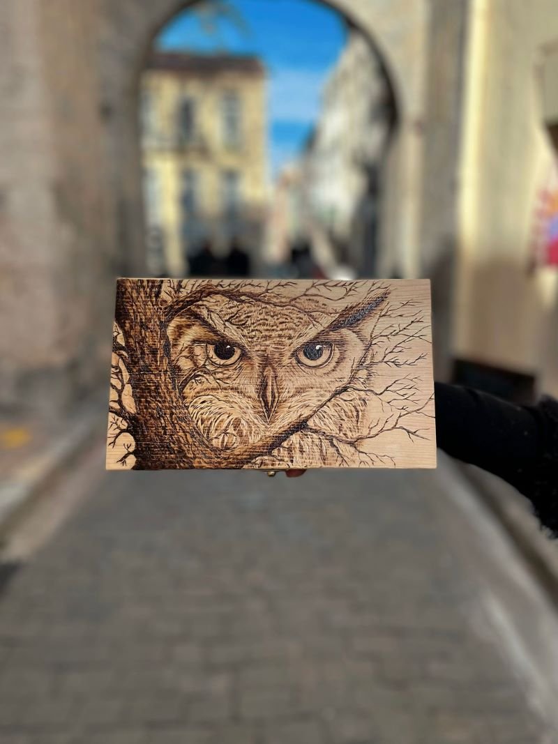 Coffret en Bois - Hibou Pyrogravé - Pyro'Art